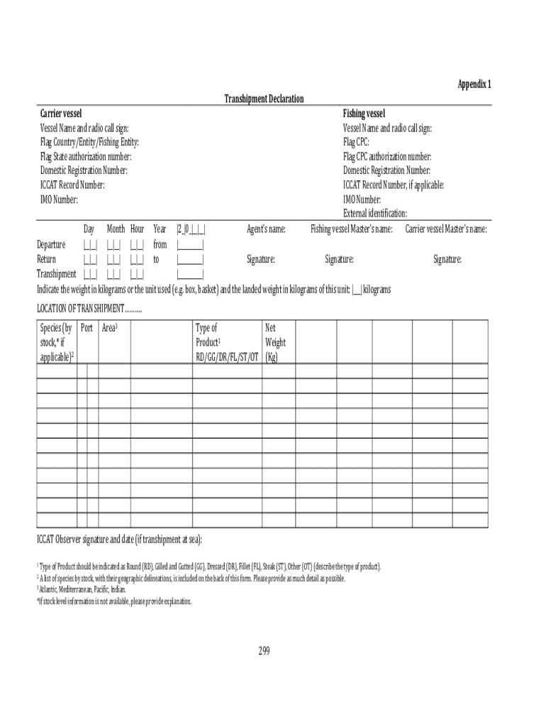 Fillable Online 299 Appendix 1 Transhipment Declaration Carrier vessel ...