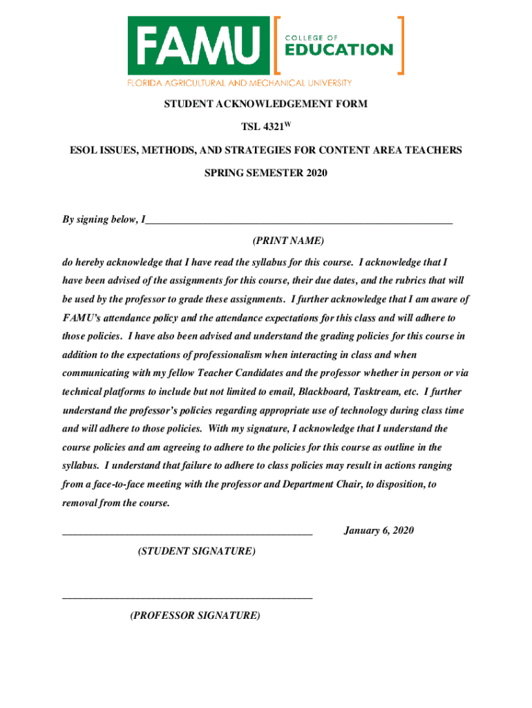 Fillable Online support famu student acknowledgement form tsl 4321w ...