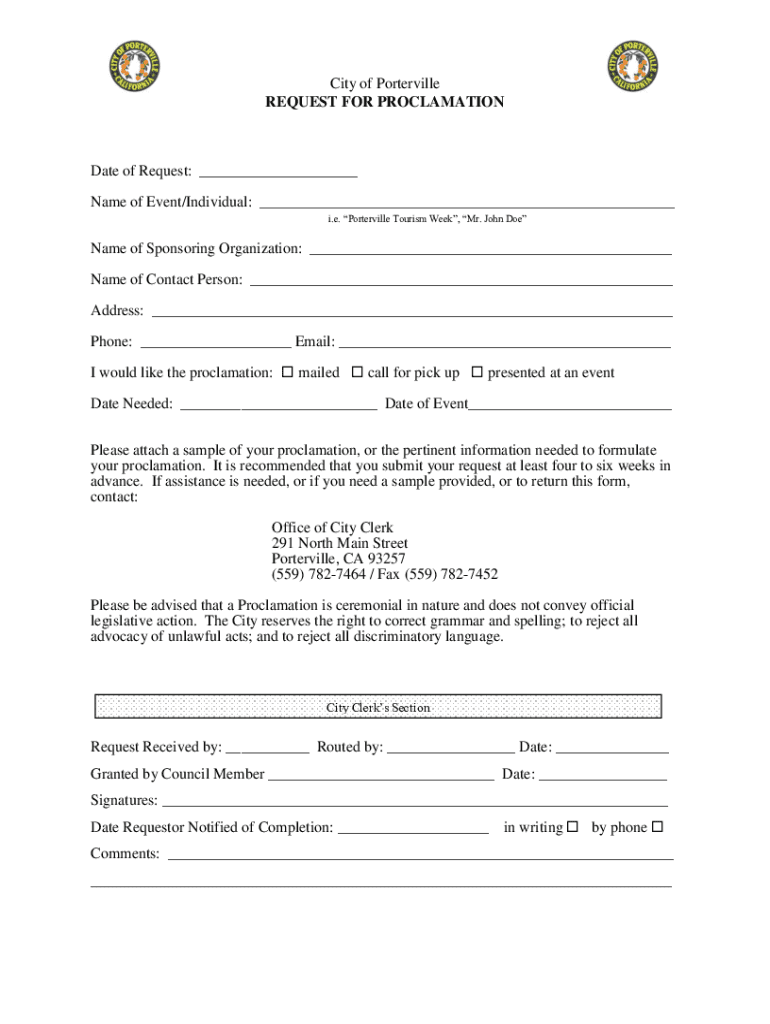 Fillable Online Request a Proclamation - Welcome to Porterville, CA Fax ...
