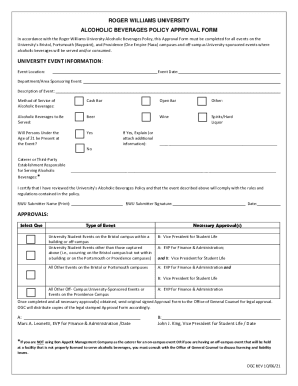 Fillable Online Alcoholic Beverages Policy Approval Form - RWU Law Fax ...