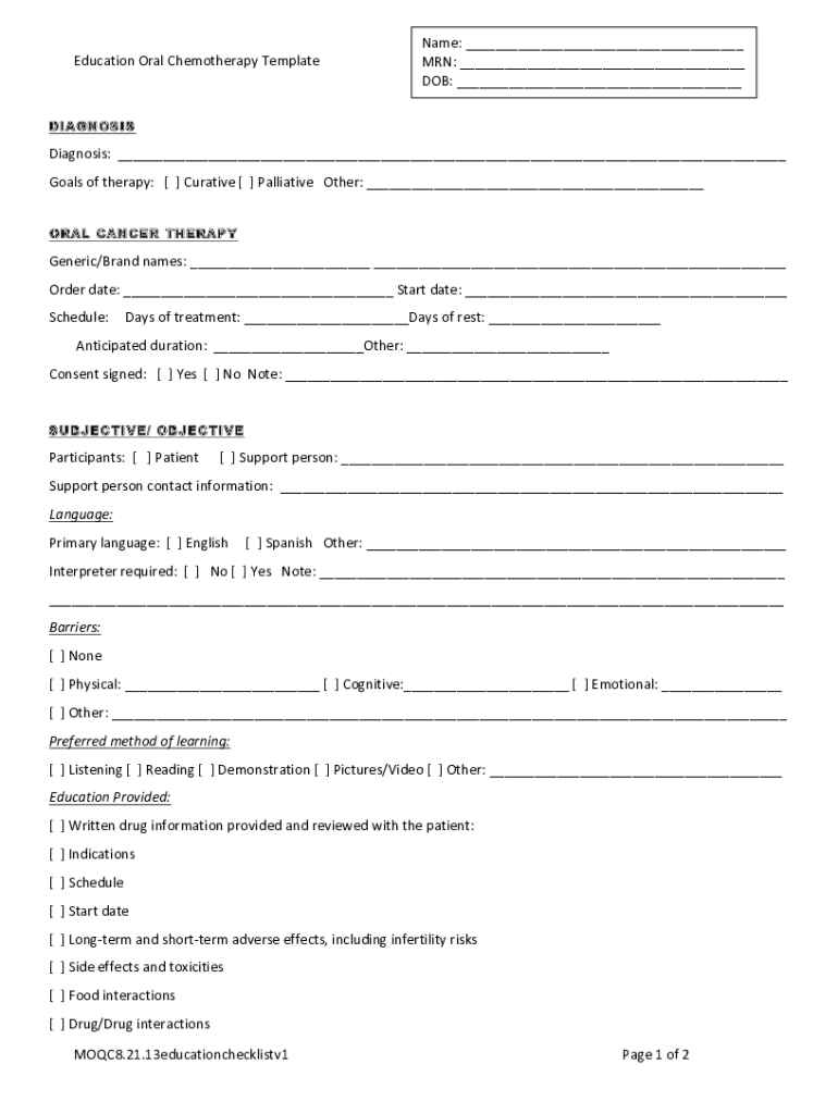 Fillable Online 2. Education Oral Chemotherapy Template.docx Fax Email ...