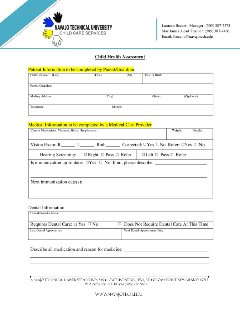 Fillable Online Child Health Assessment Patient Information to be ...