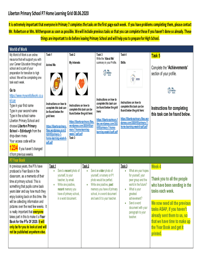 Fillable Online Primary 4 Weekly Home Learning Grid for School Closures ...