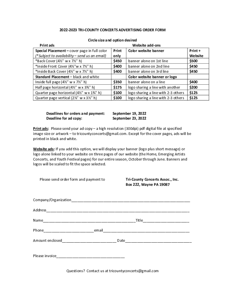 Fillable Online 2022-2023 tri-county concerts advertising order form ...