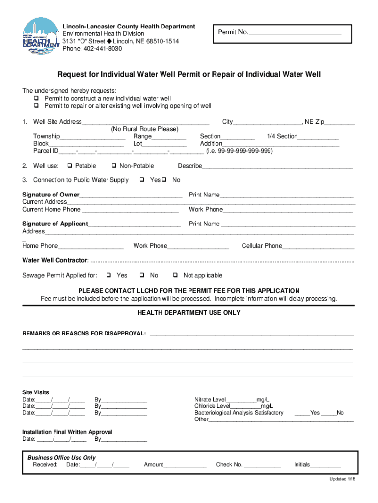 Fillable Online Request for Individual Water Well Permit or Repair of ...