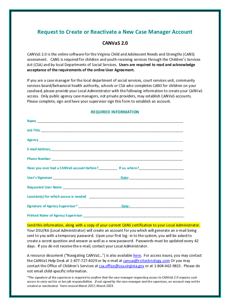 Fillable Online Request to Create or Reactivate a New Case Manager ...