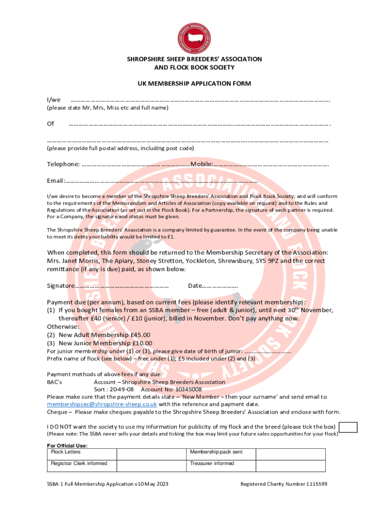 Fillable Online SSBA 1 Membership & Register a New Flock Application ...