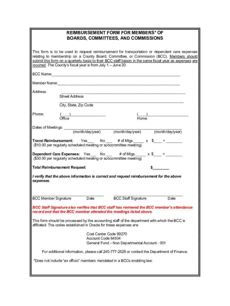 Fillable Online REIMBURSEMENT FORM FOR MEMBERS* OF BOARDS, ... Fax ...