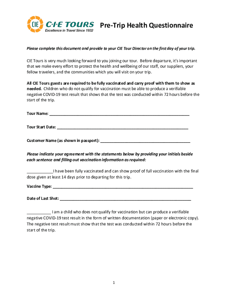 Fillable Online CIE CI-E TOURS Pre-Trip Health Questionnaire Fax Email ...