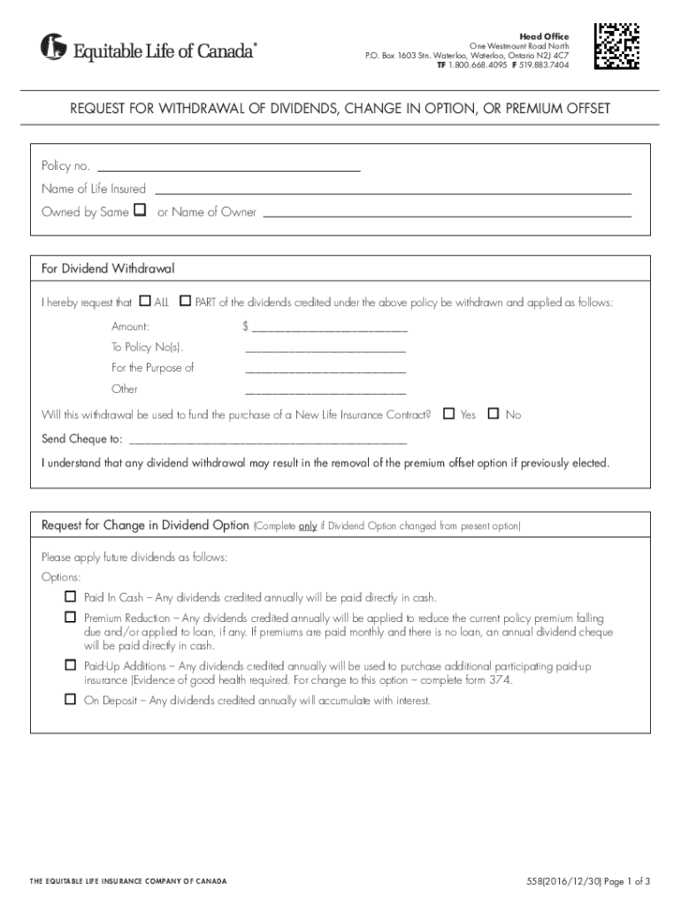 Fillable Online cdn equitable REQUEST FOR WITHDRAWAL OF DIVIDENDS ...