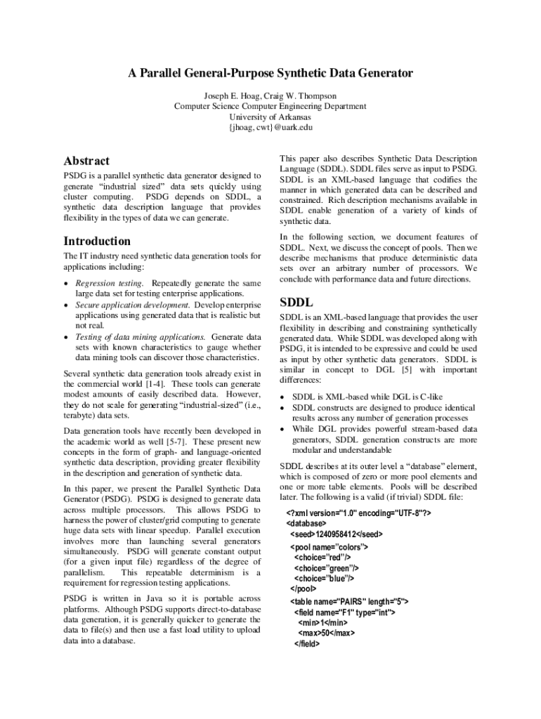Fillable Online Csce Uark A Parallel General Purpose Synthetic Data Generator Fax Email Print