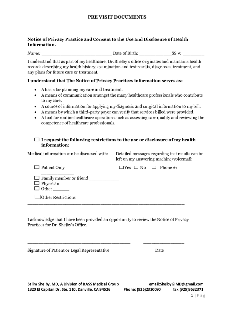 Fillable Online PRE VISIT DOCUMENTS Fax Email Print - pdfFiller