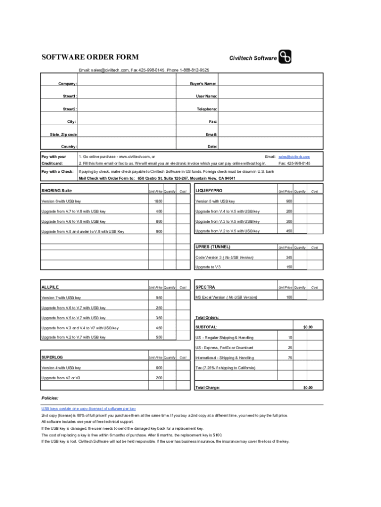 Fillable Online SOFTWARE ORDER FORM Fax Email Print - pdfFiller