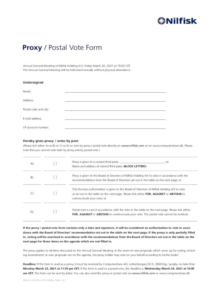 Fillable Online Proxy / Postal Vote Form Fax Email Print - pdfFiller
