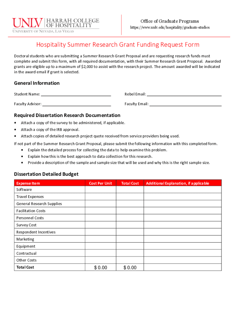 Fillable Online Summer Research Grant Proposal Funding Request Form ...