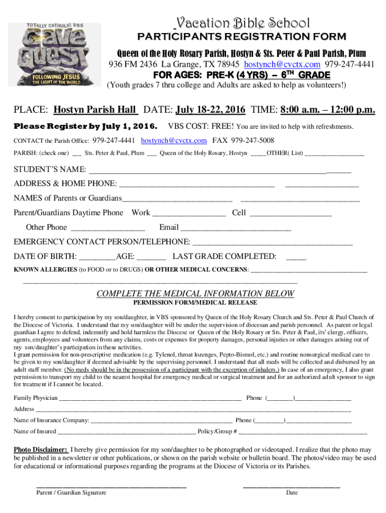 Fillable Online Vacation Bible School Experience Fax Email Print ...