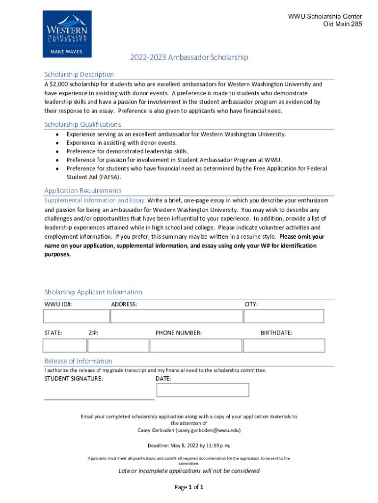 Fillable Online 2022-2023 Ambassador Scholarship Application Fax Email Print - pdfFiller