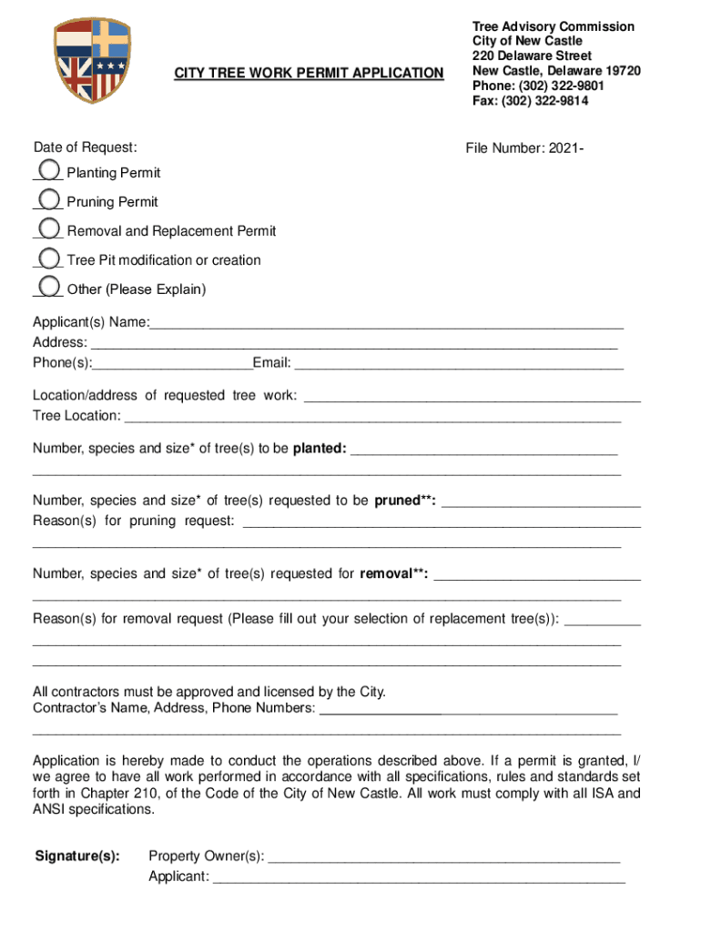 Fillable Online CITY TREE WORK PERMIT APPLICATION Date of Request Fax ...