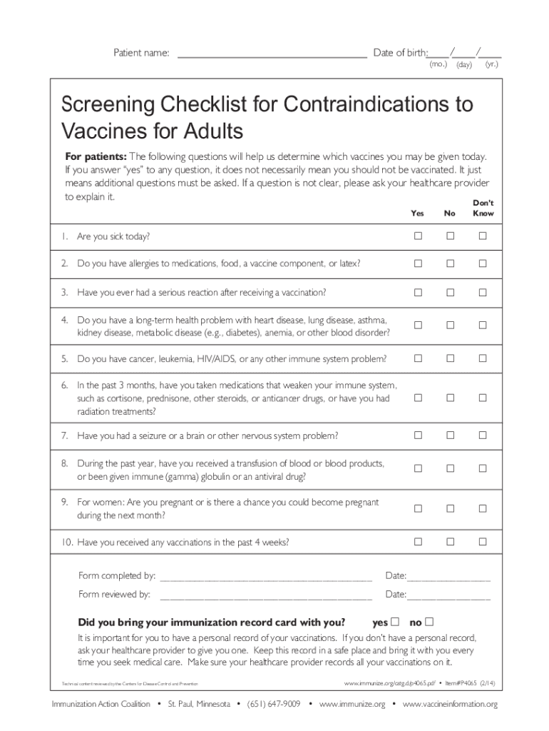 Fillable Online Screening for Vaccine Contraindications and Precautions ...