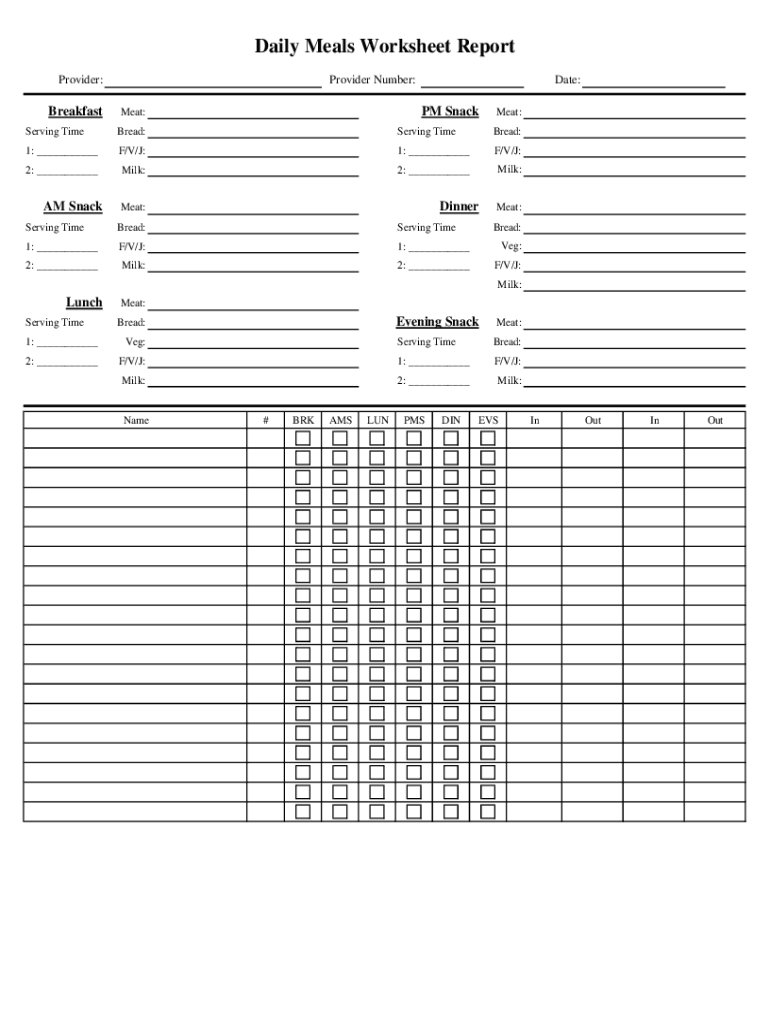 Fillable Online Daily Meals Worksheet Report Fax Email Print - pdfFiller