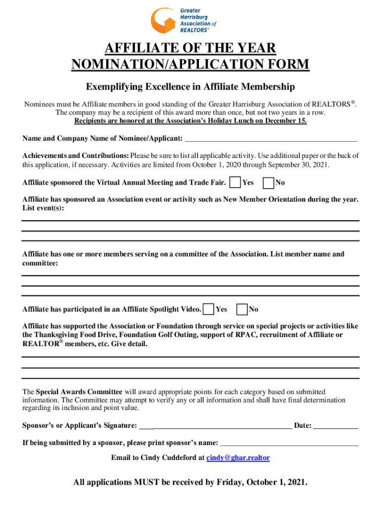 Fillable Online affiliate of the year nomination/application form Fax ...