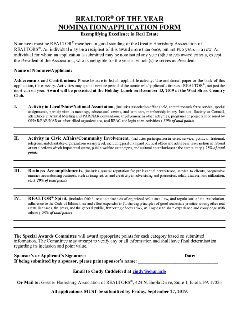 Fillable Online REALTOR OF THE YEAR NOMINATION/APPLICATION FORM Fax ...