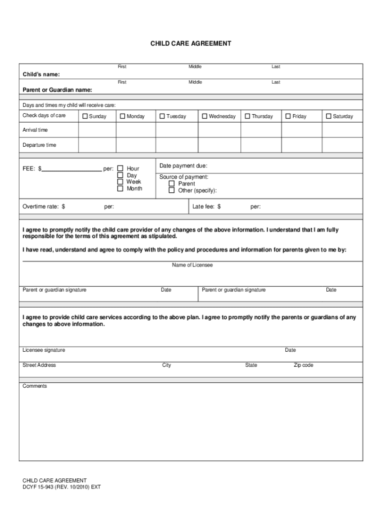 Fillable Online Chid Care Agreement Form - Spanish Fax Email Print - pdfFiller