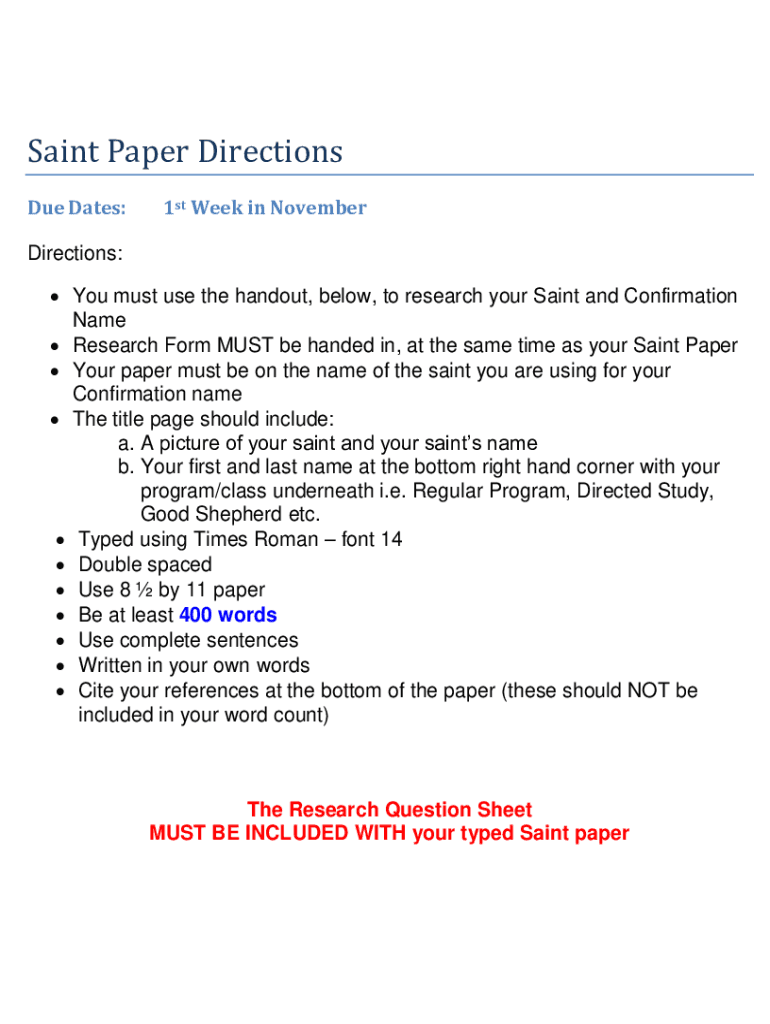 Fillable Online Saint Paper Directions - Due Dates Fax Email Print ...