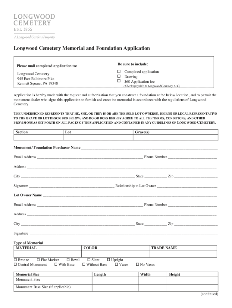 Fillable Online Longwood Cemetery Memorial and Foundation Application ...