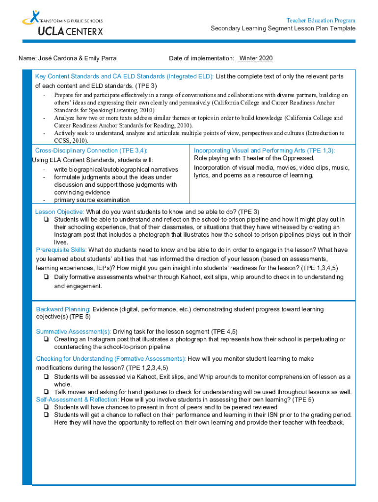 Fillable Online Secondary Learning Segment Lesson Plan Template Fax ...
