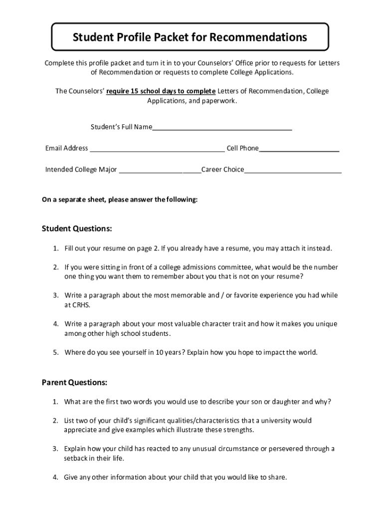 Fillable Online Student Profile Packet for College Recommendation Fax ...