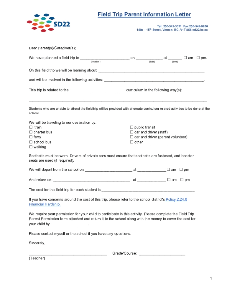 Fillable Online Field Trip Application Form - Vernon Fax Email Print ...