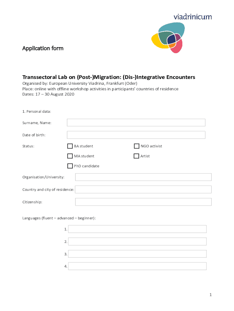 Fillable Online Application form Transsectoral Lab on (Post-)Migration Fax Email Print - pdfFiller