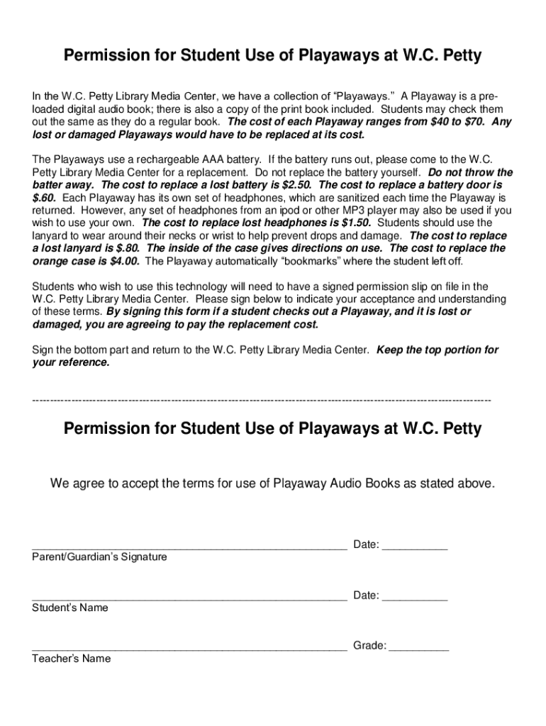 Fillable Online Permission for Student Use of Playaways at WC Petty Fax ...