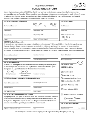 Fillable Online Logan City Cemetery - BURIAL REQUEST FORM Fax Email ...
