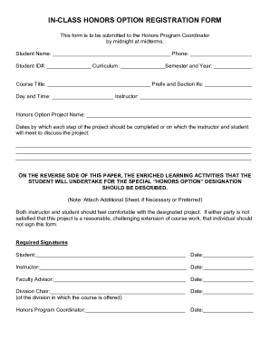 Fillable Online IN-CLASS HONORS OPTION REGISTRATION FORM Fax Email ...