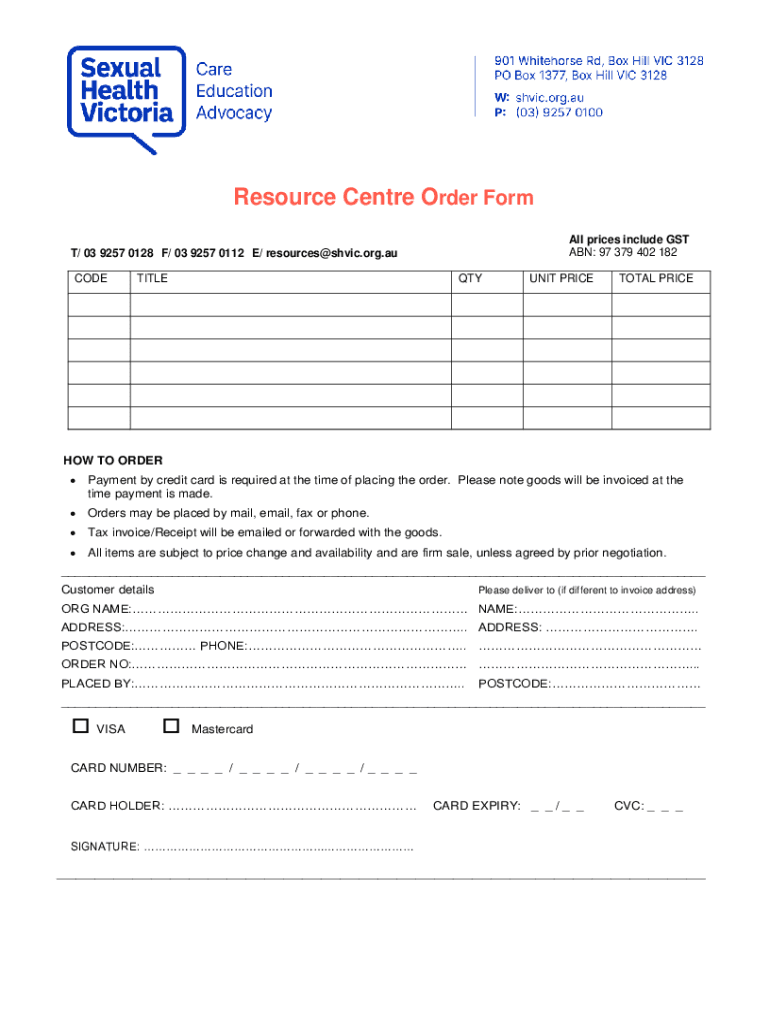 Fillable Online Resource Centre Order Form Fax Email Print - pdfFiller