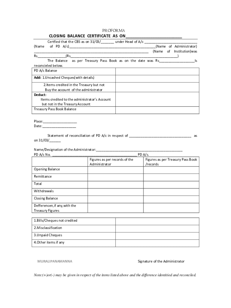 Fillable Online CLOSING BALANCE CERTIFICATE AS ON Fax Email Print ...