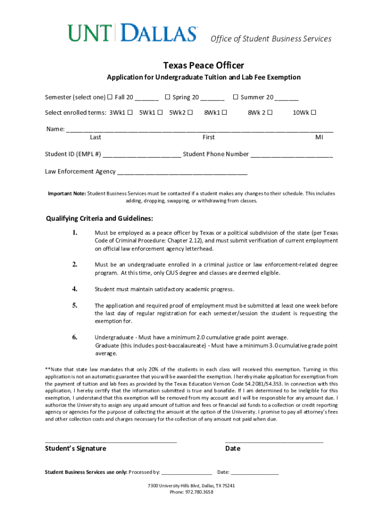 Fillable Online Texas Peace Officer Application for Undergraduate ...