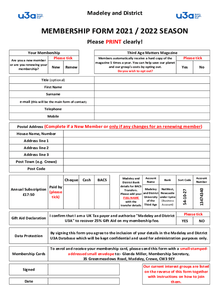 Fillable Online MEMBERSHIP FORM 2021 / 2022 SEASON Fax Email Print ...