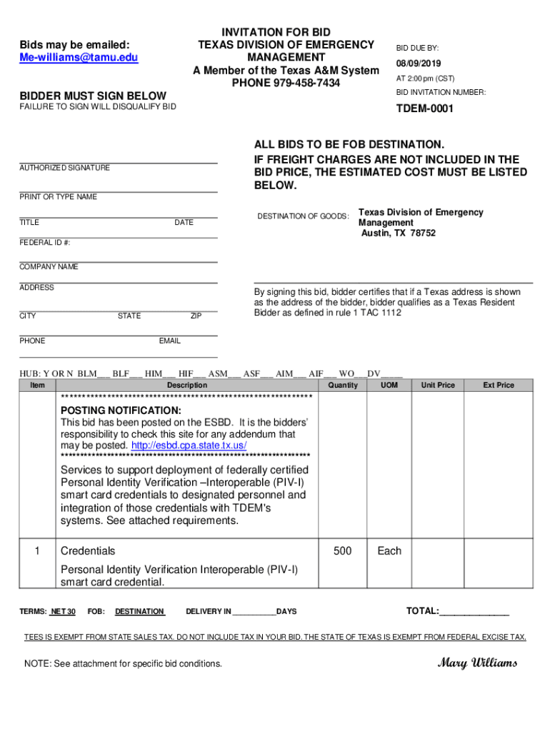 Fillable Online TDEM Materials Purchase Contingency Bid - Texas Fax ...