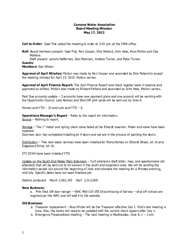 Fillable Online Roll: Board members present: Gael Fisk, Ron Cooper, Dick Pelland, John Hale ...