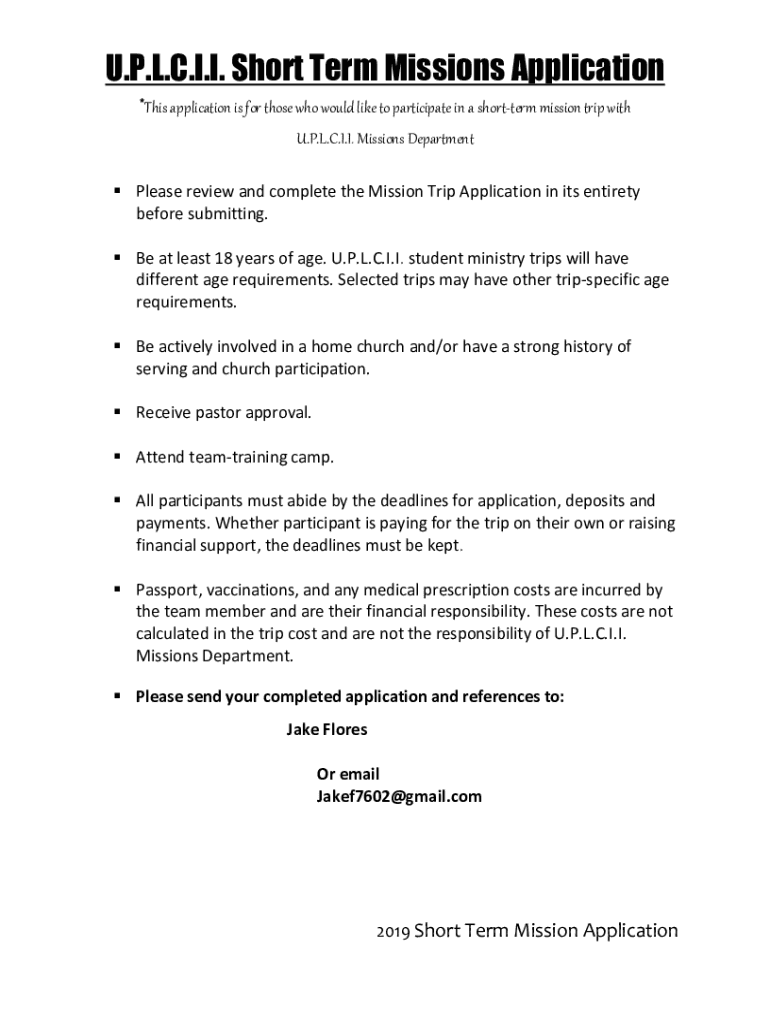 Fillable Online U.P.L.C.I.I. Short Term Missions Application Fax Email ...