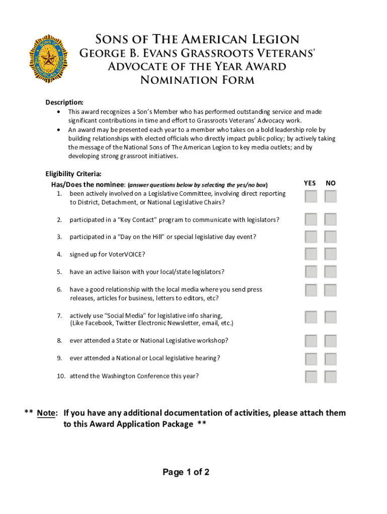 Fillable Online SAL George B Evans Veterans Advocate of the Year Form ...