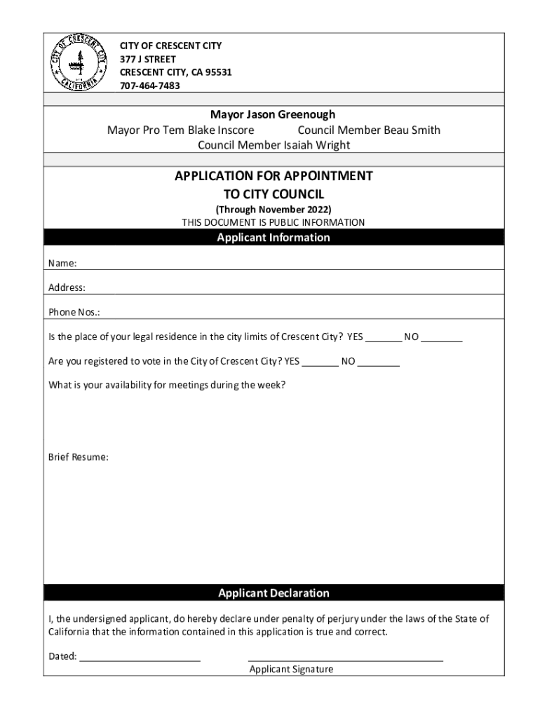 Fillable Online APPLICATION FOR APPOINTMENT TO CITY COUNCIL Fax Email ...