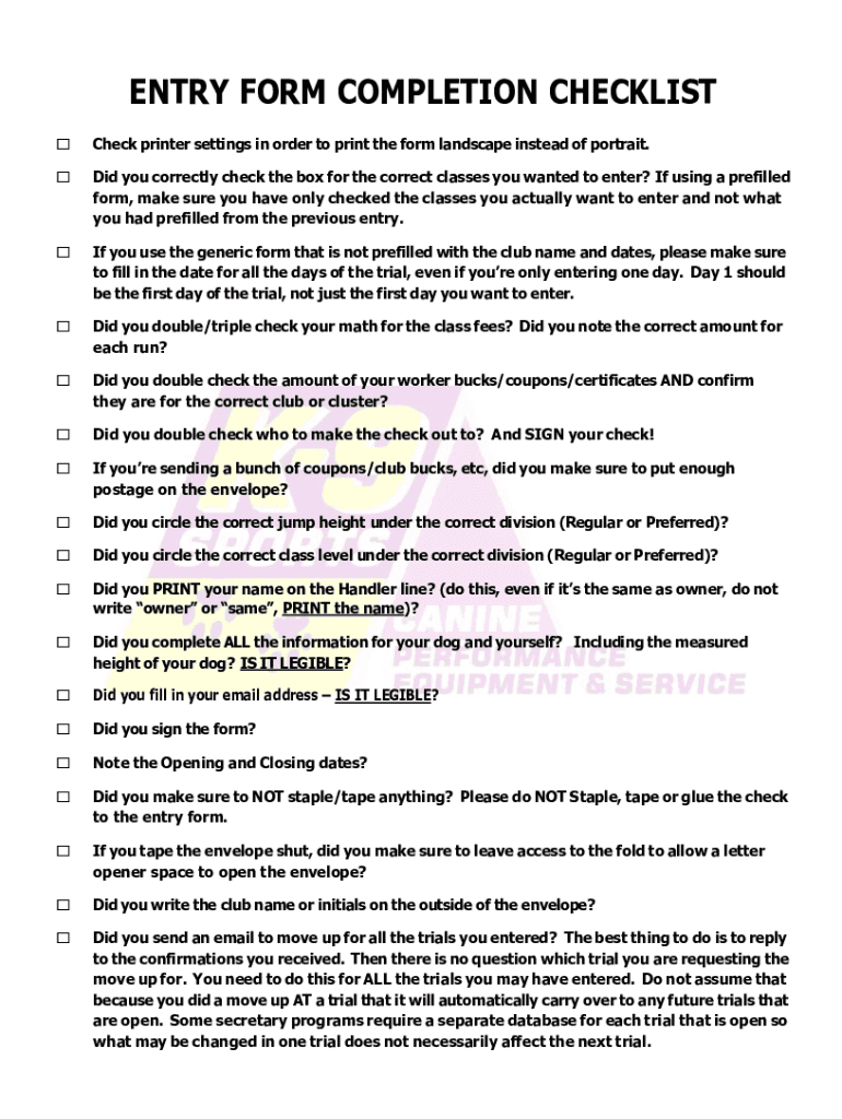 Fillable Online ENTRY FORM COMPLETION CHECKLIST Fax Email Print - pdfFiller