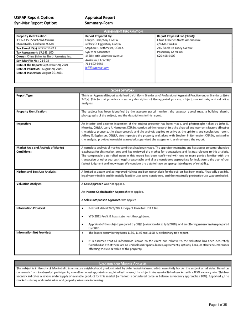 Fillable Online file finance sina com Appraisal Report Syn-Mar Report ...