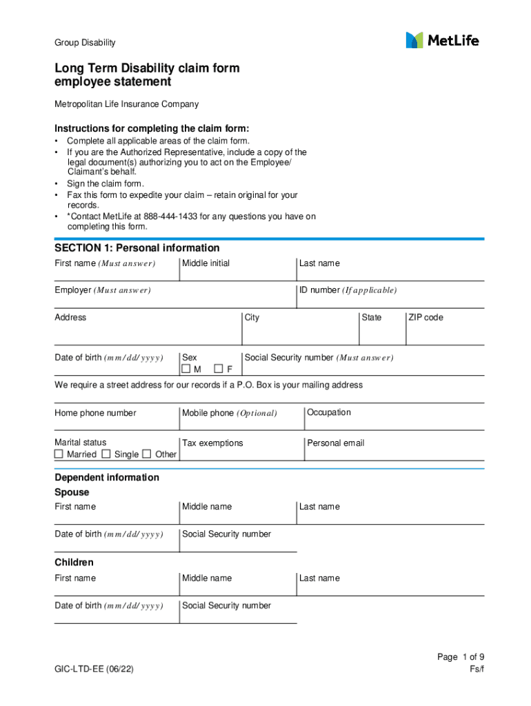 Fillable Online LONG TERM DISABILITY CLAIM FORM EMPLOYEE ... Fax Email ...