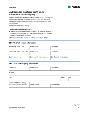 Fillable Online Authorization to release death claim information to a ...