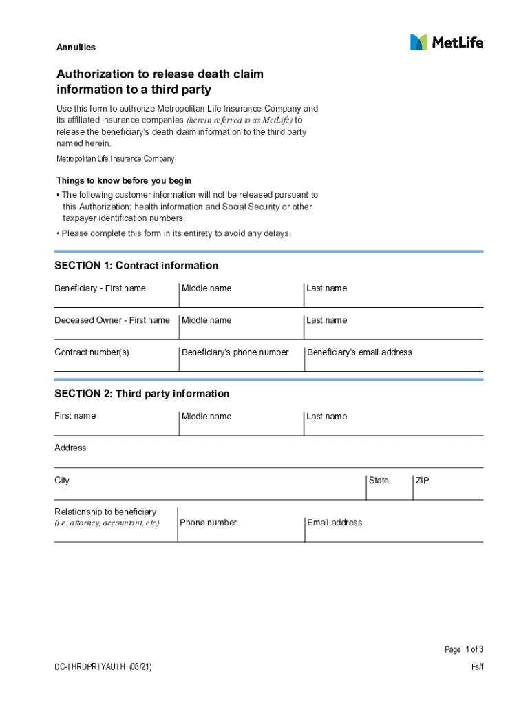 Fillable Online Authorization to release death claim information to a ...